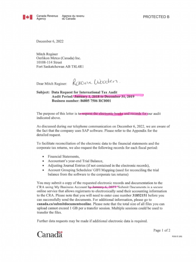 Canada Revenue Agency (CRA) Request For Electronic Books Jan 2018 - Dec ...