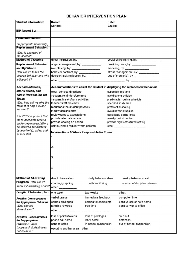Behavior Plan Template 19 | PDF | Teachers | Social Psychology
