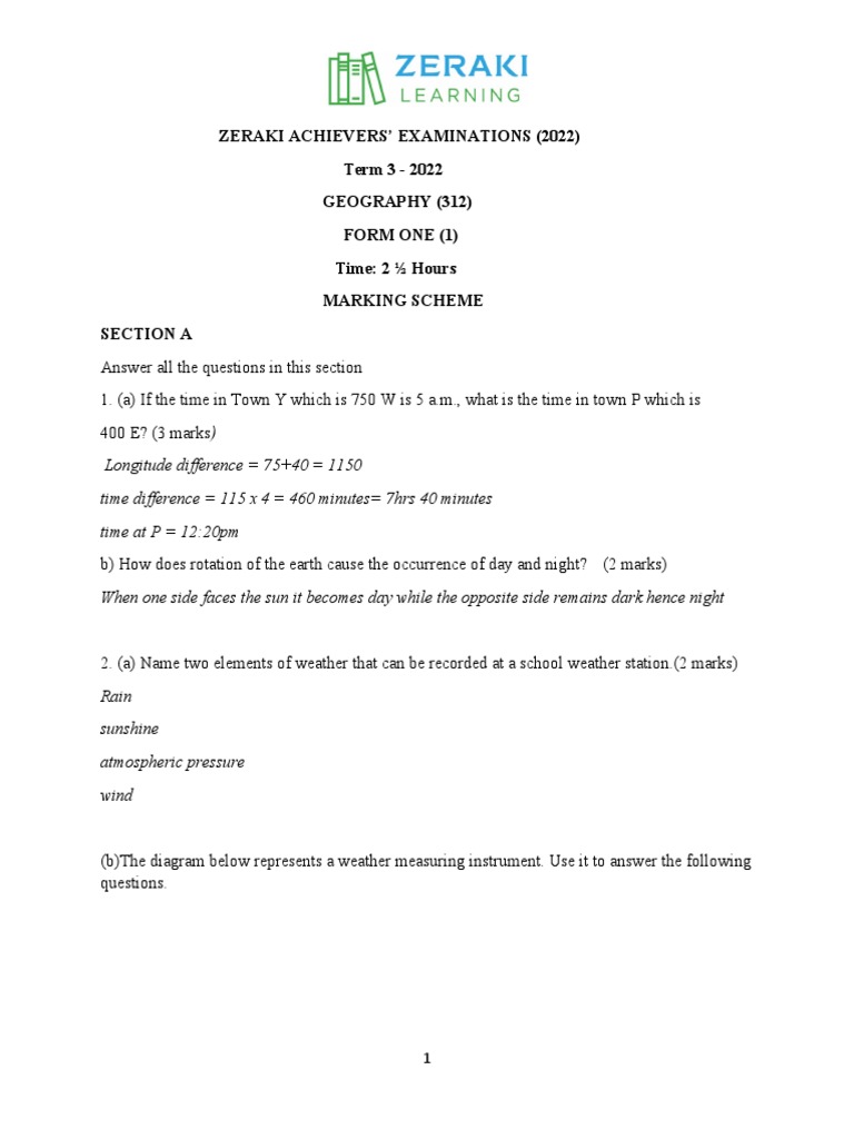 Geography - Geography Form 1 - Marking Scheme | PDF