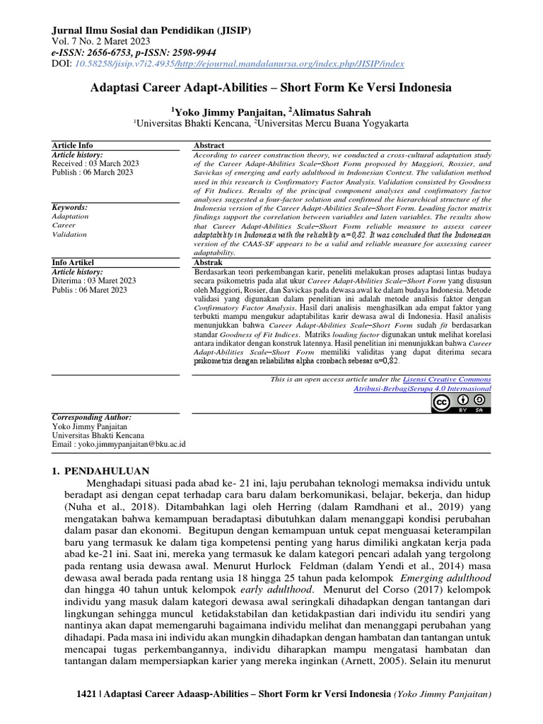 Panjaitan & Sarah (2023) - Adaptasi Career Adapt-Abilities - Short Form Ke Versi Indonesia PDF ...