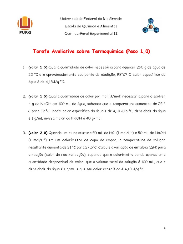 Tarefa Exercícios Termoquímica | PDF