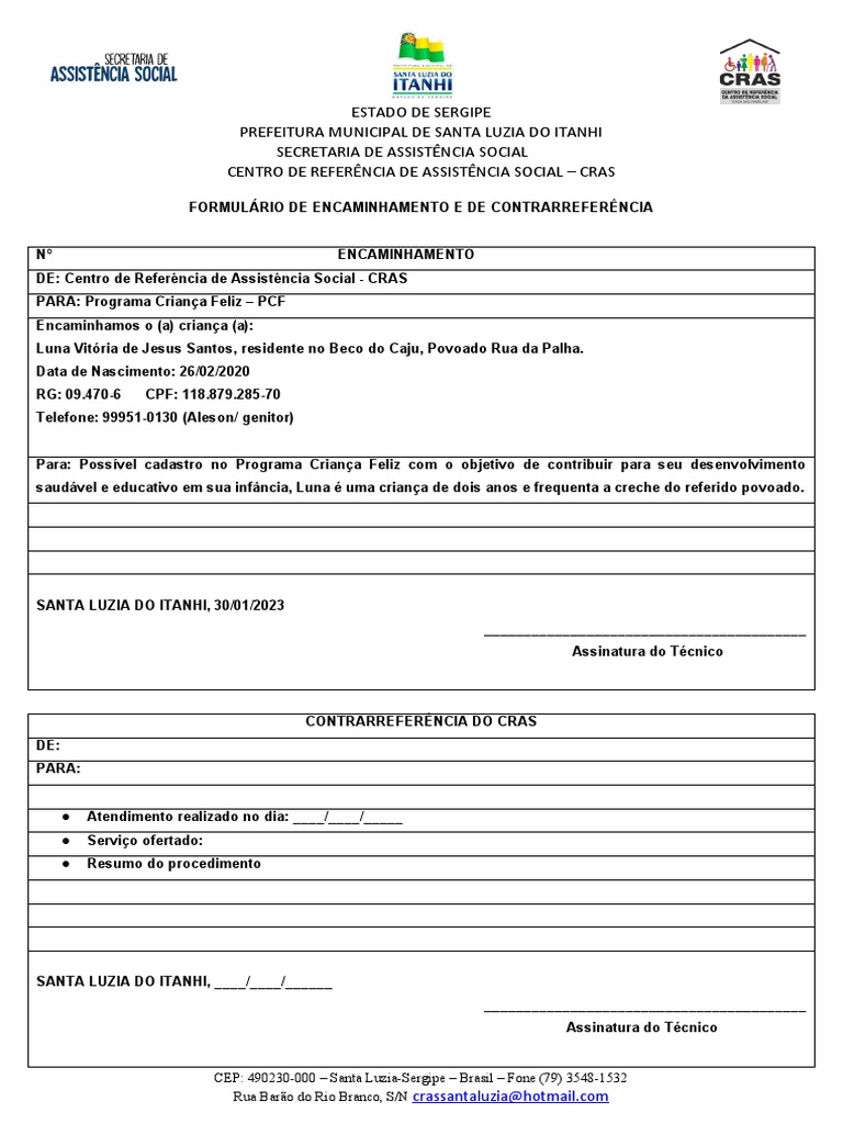 Encaminhamento de criança ao Programa Criança Feliz pelo CRAS de Santa ...