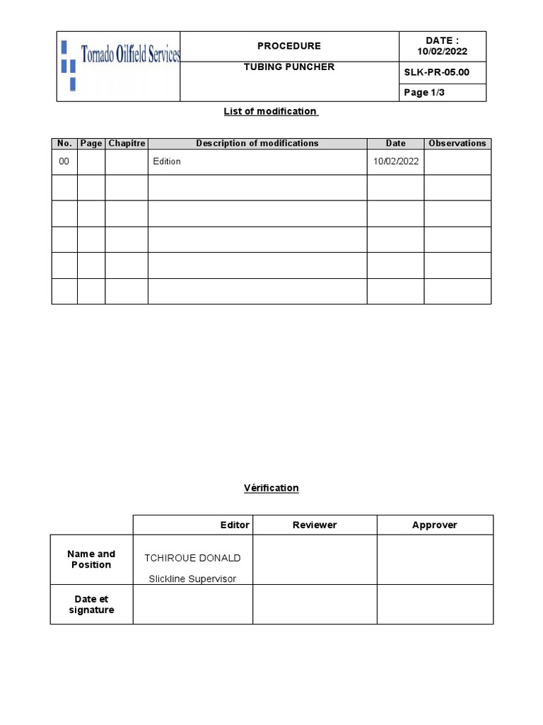 SLK-PR-06.00 Procedure For Tubing Puncher | PDF | Pressure