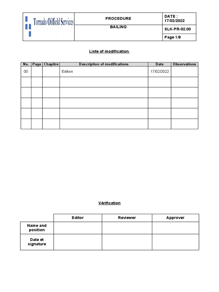 SLK-PR-02.00 Procedure de Bailing | PDF | Physical Sciences | Equipment