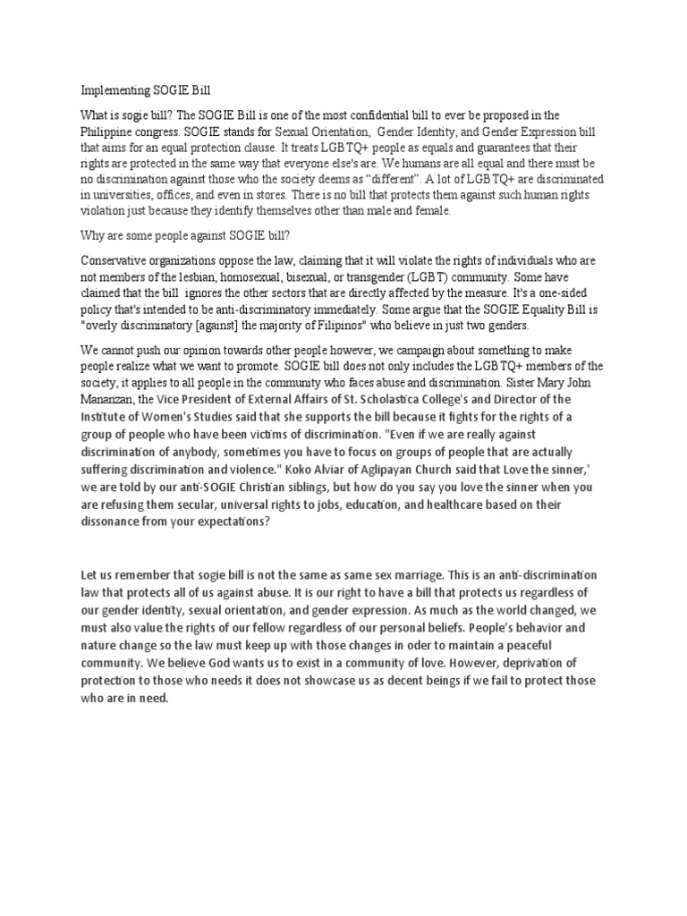Implementing SOGIE Bill | PDF | Discrimination | LGBTQIA+ Studies
