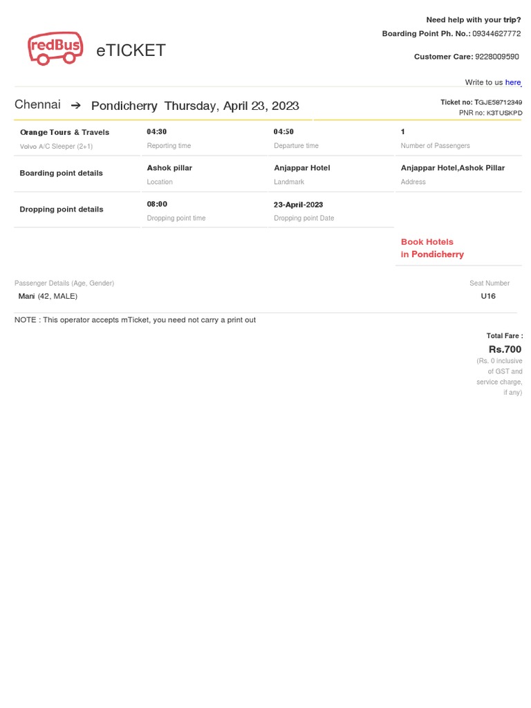 Redbus - Ticket - Chennai To Pondy | PDF | Ticket (Admission) | Rail ...