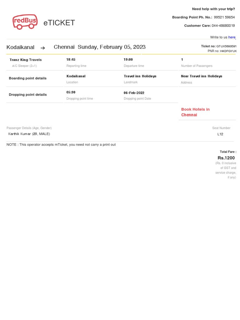 Redbus - Ticket - Kodai To Chennai | PDF | Ticket (Admission) | Public ...