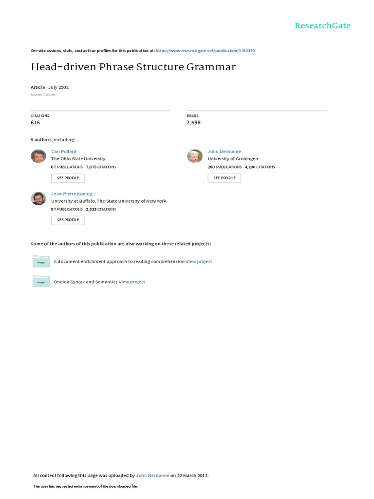 Head-Driven Phrase Structure Grammar: July 2002 | PDF | Lexical Semantics | Syntax
