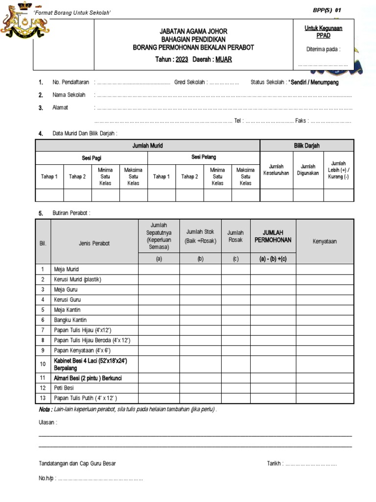 Borang Permohonan Bekalan Perabot - Diisi Oleh Sekolah (BPP (S) 01 & 02 ...
