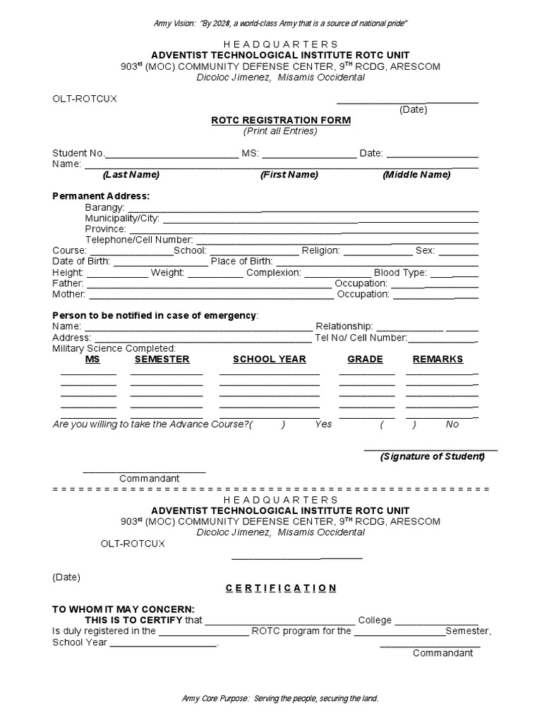 ROTC Registration Form | PDF | Career & Growth