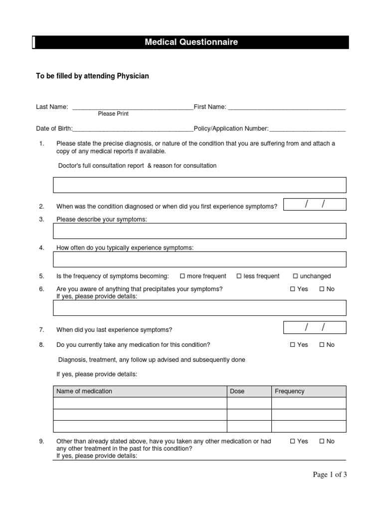 Medical Questionnaire: To Be Filled by Attending Physician | PDF ...