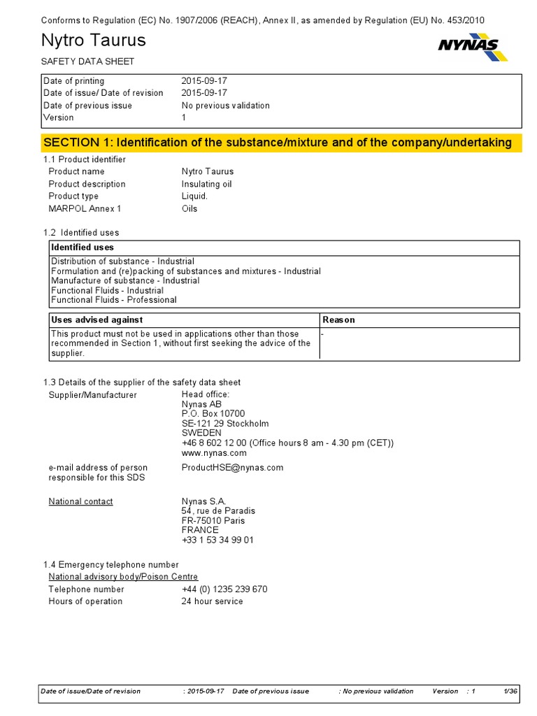 Fiche Sécurité NYTRO TAURUS - Eng | PDF | First Aid | Materials