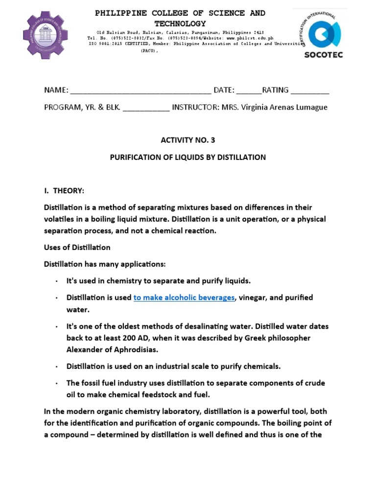 ACTIVITY 3 Organic Chem | PDF | Distillation | Chemical Process Engineering