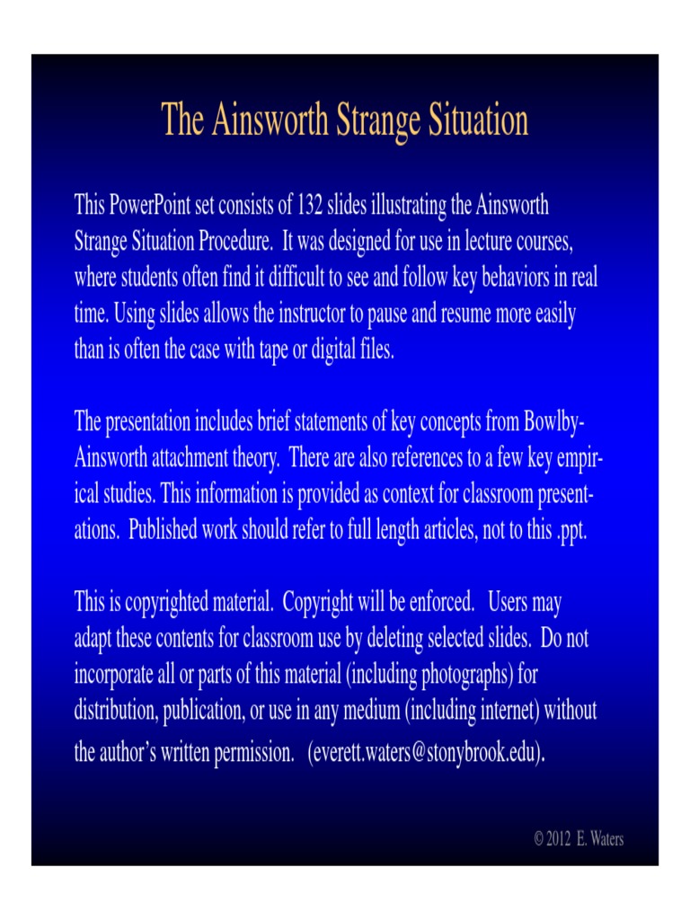 Strange Situation Slides c2012 EWATERS | PDF | Attachment Theory | Human Life Stages