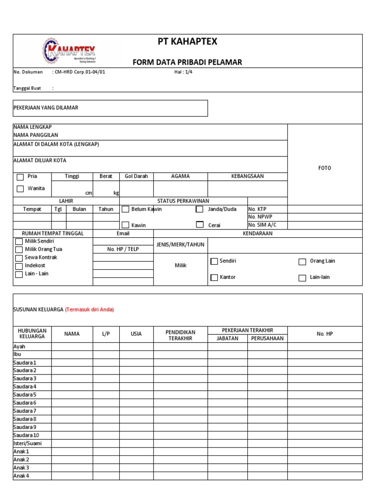 Form Data Pelamar PT Kahaptex | PDF