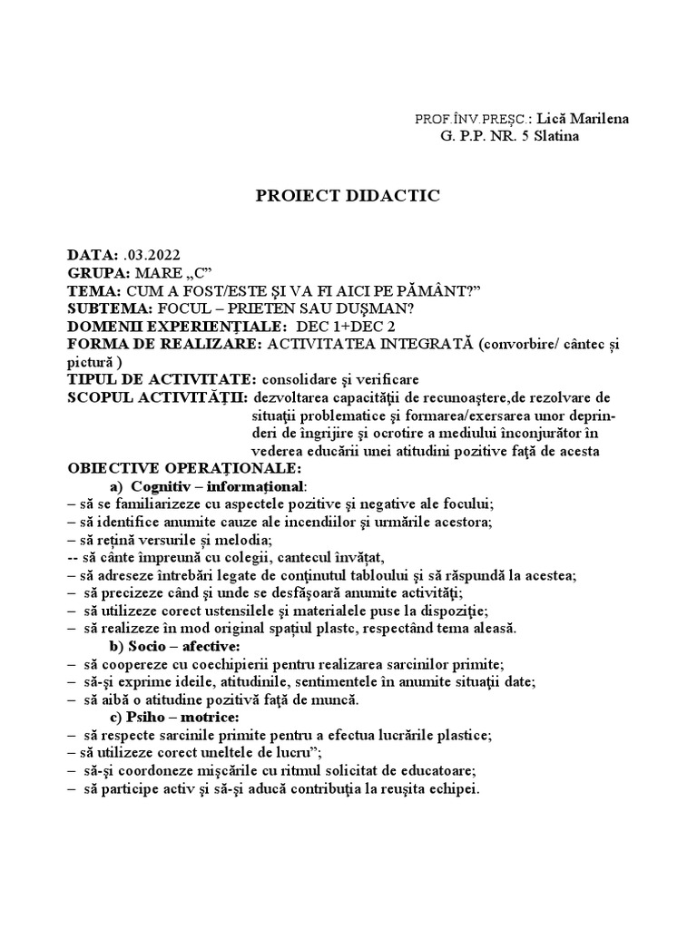 Focul Proiect Didactic | PDF
