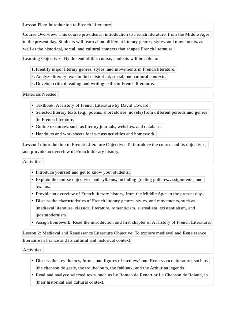 Intro to French Literature Course | PDF | Lesson Plan | Romanticism