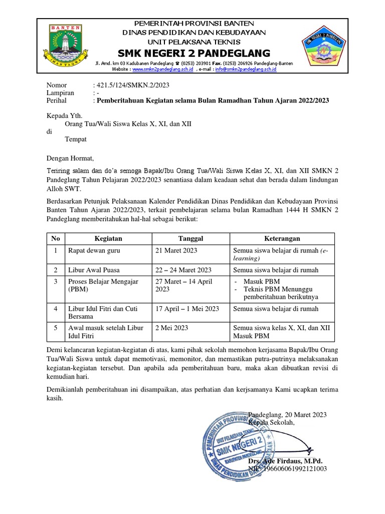 Surat Pemberitahuan Kegiatan Belajar Mengajar Di Bulan Ramadhan Tahun Ajaran 2022-2023 | PDF