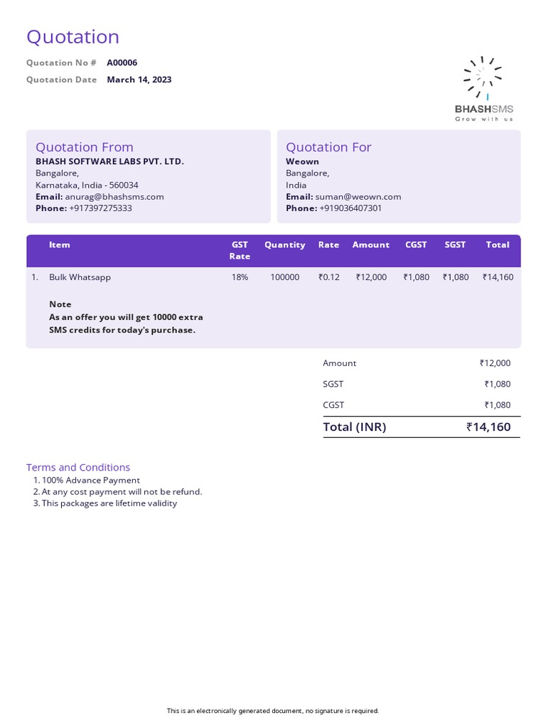 Quotation A00006 Bhash Software Labs PVT LTD Weown | PDF