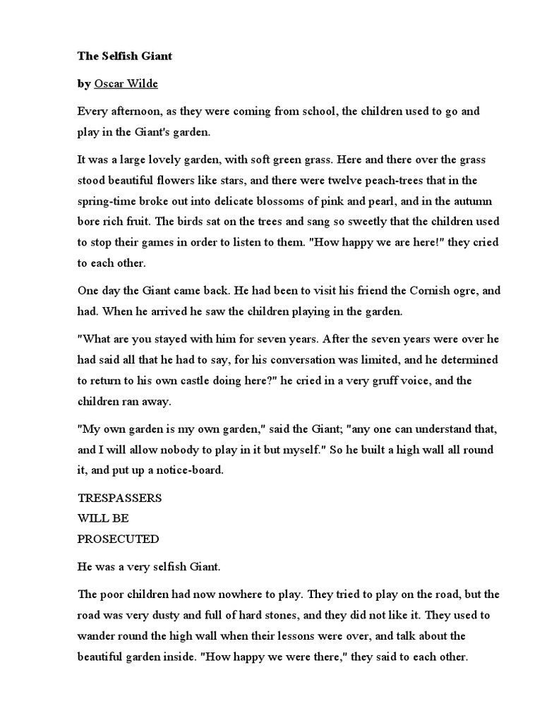 The Selfish Giant by Oscar Wilde | PDF | Poetry