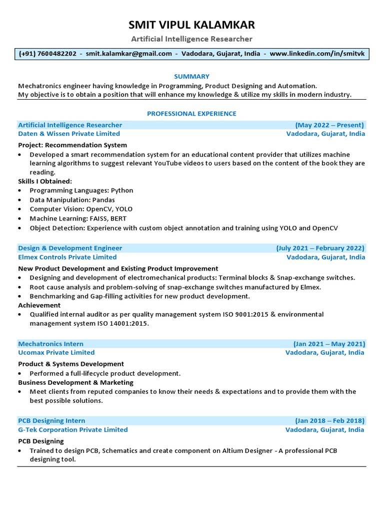 Smit Vipul Kalamkar - CV | PDF | Artificial Intelligence | Intelligence (AI) & Semantics