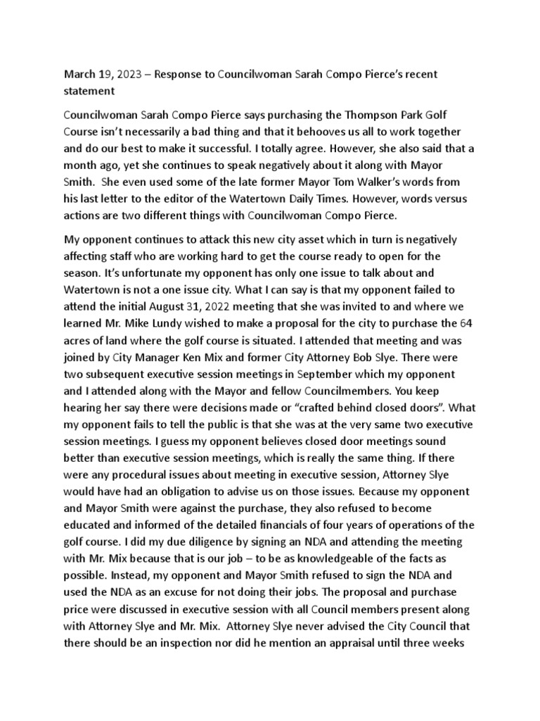 Statement From Councilwoman Lisa Ruggiero March 19, 2023 | PDF | Non ...