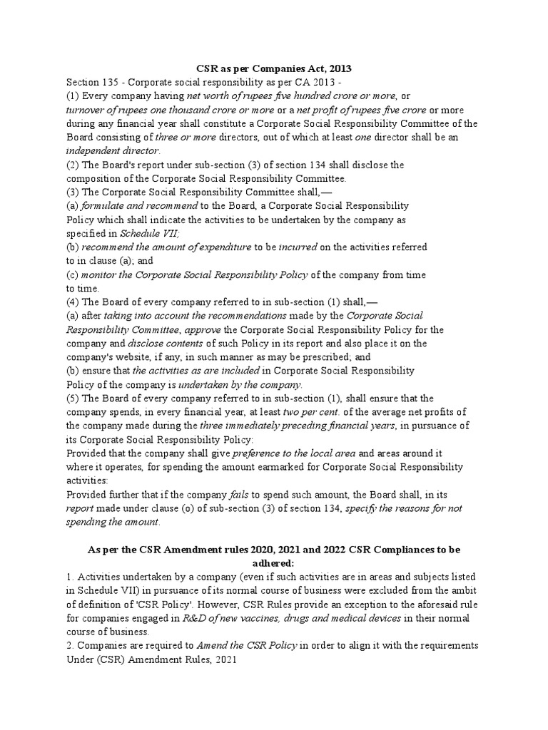 CSR As Per Companies Act, 2013 | PDF | Corporate Social Responsibility ...