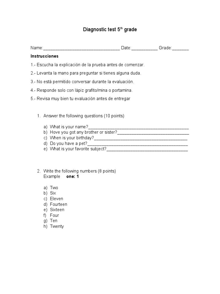 Diagnostic Test 5th Grade | PDF