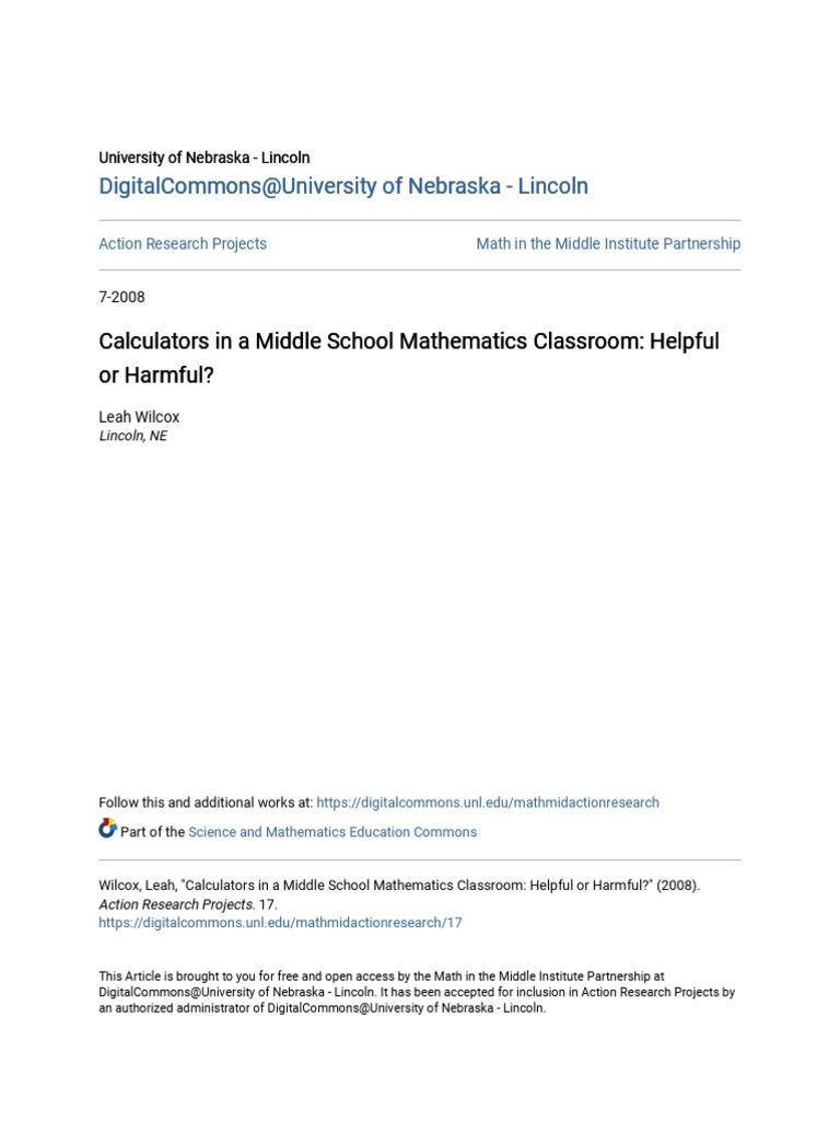 Calculators in A Middle School Mathematics Classroom - Helpful or | PDF ...