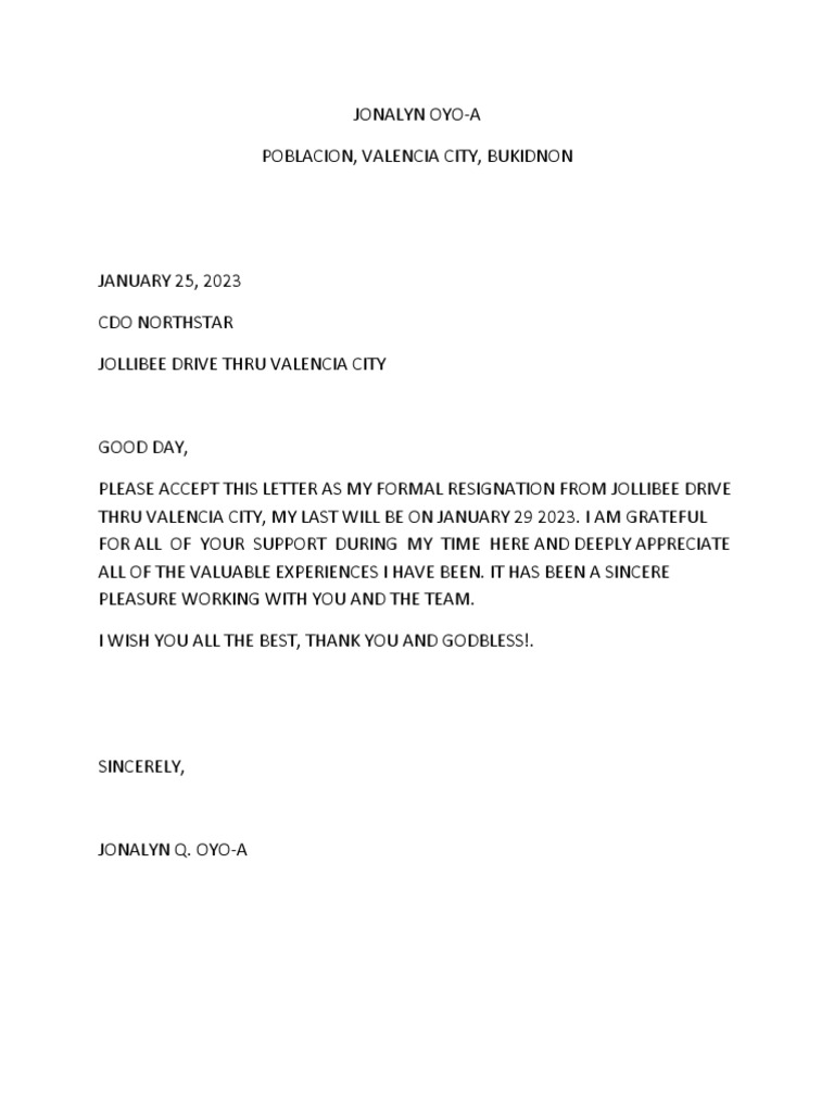 Resignation Letter Jonalyn | PDF