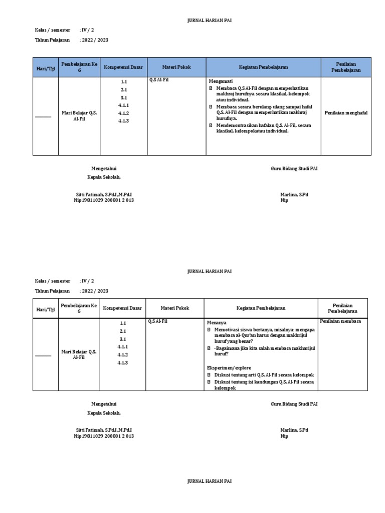 Jurnal Harian PAI Kelas 4 Semester 2 | PDF
