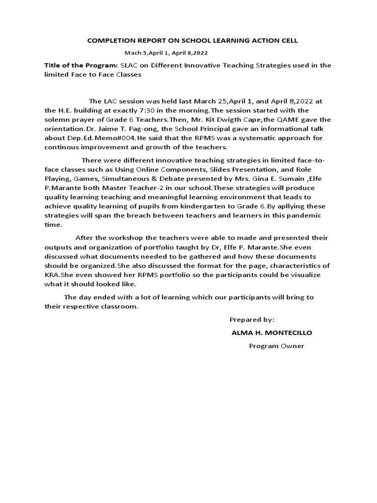 Completion Report On School Learning Action Cell | PDF