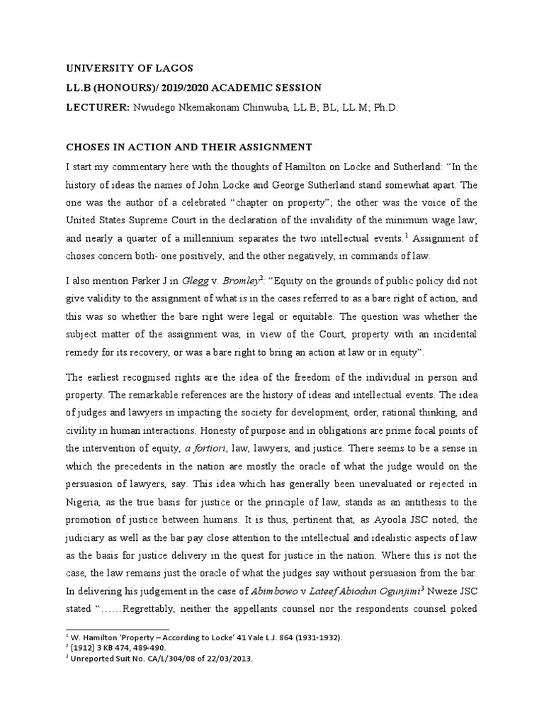 Assignment of Choses in Action | PDF | Assignment (Law) | Private Law