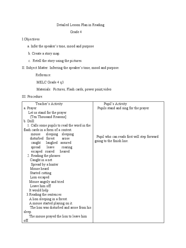 Grade 4 Reading Lesson Plan: The Lion and the Mouse | PDF