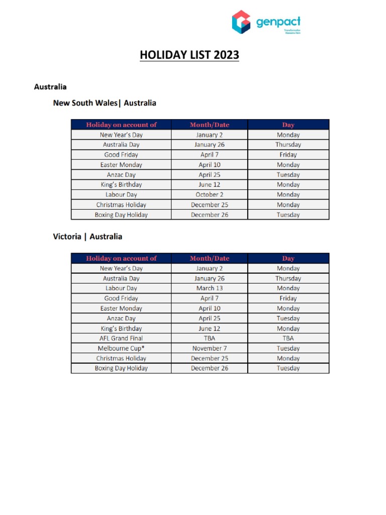 Holiday List | PDF