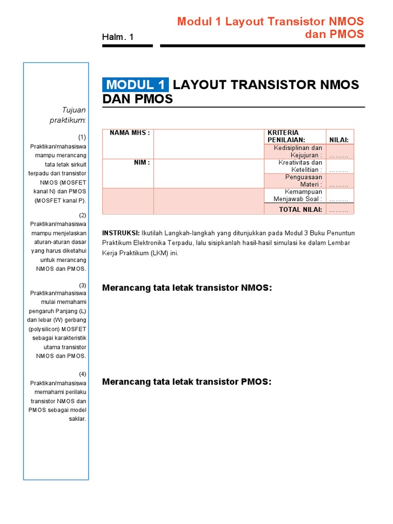 LKM 1 Layout Transistor NMOS Dan PMOS (Nama Lengkap Mahasiswa) | PDF