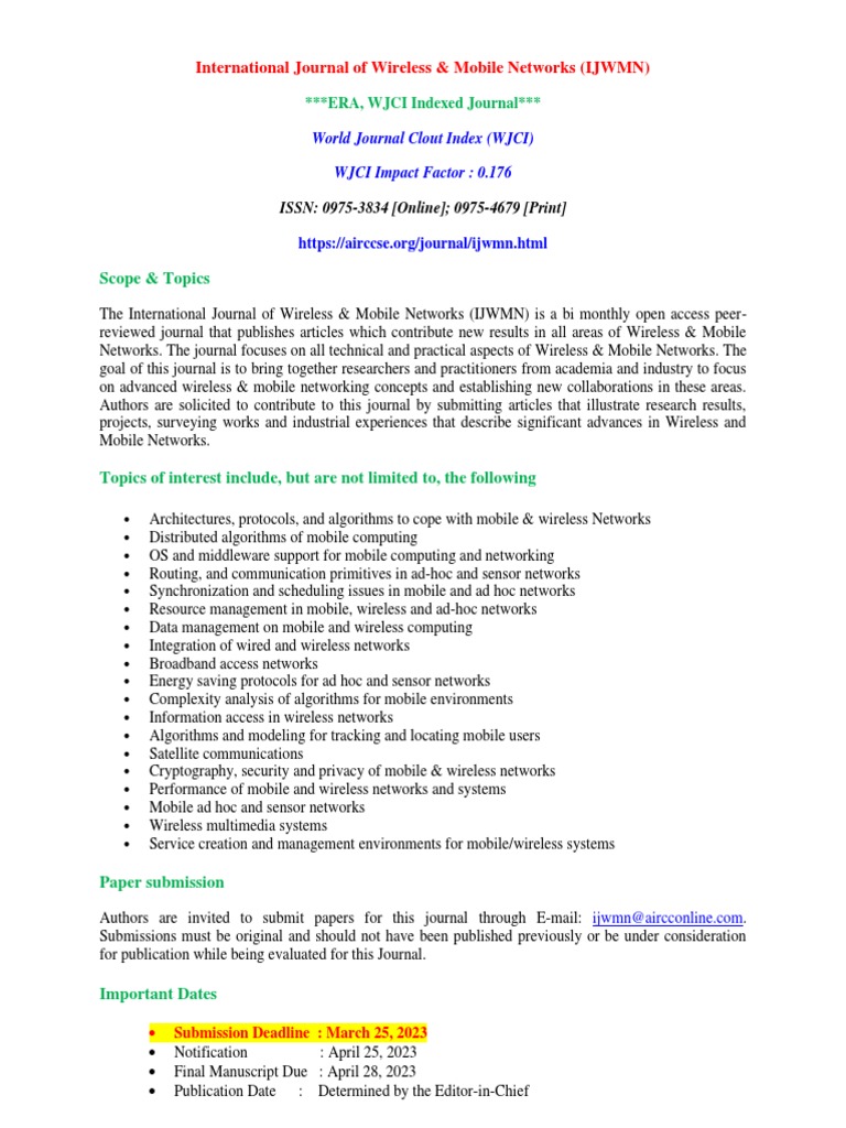 International Journal Of Wireless And Mobile Networks Ijwmn Era Indexed Pdf Wireless Ad
