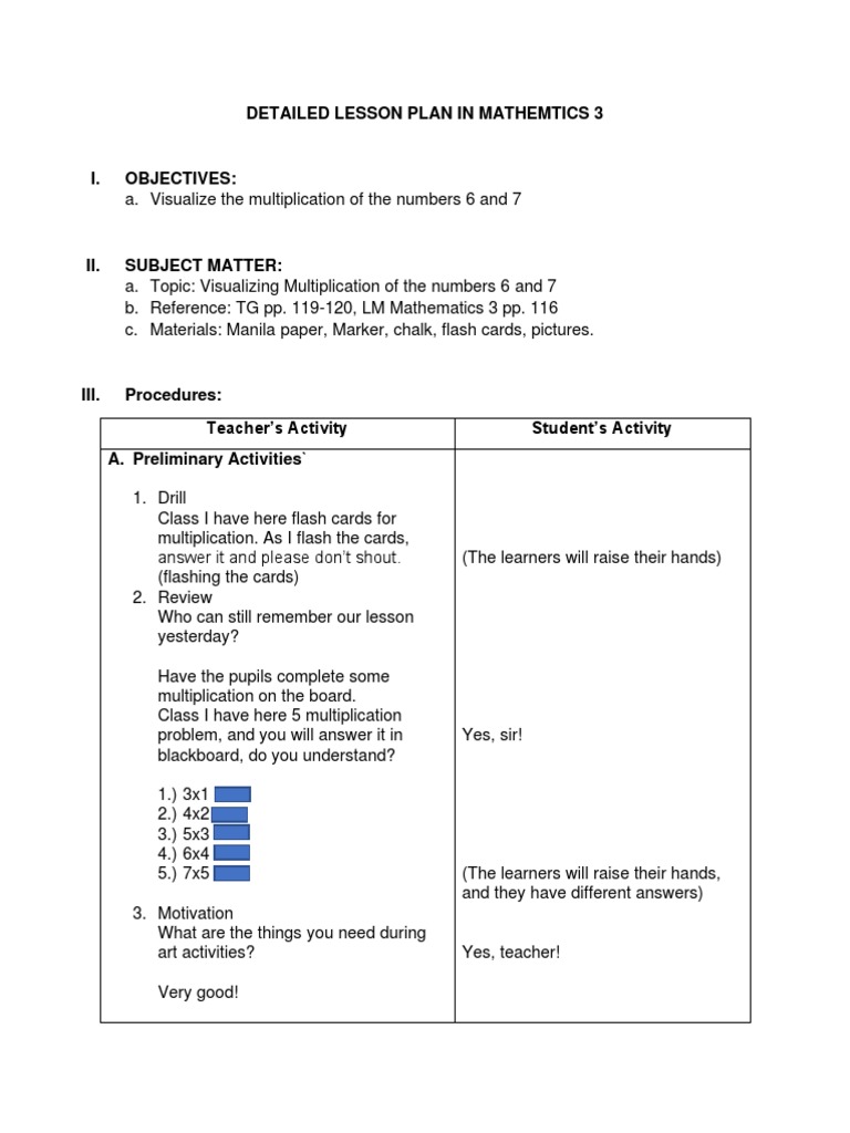 Detailed Lesson Plan in Mathemtics 3 | PDF | Multiplication | Lesson Plan