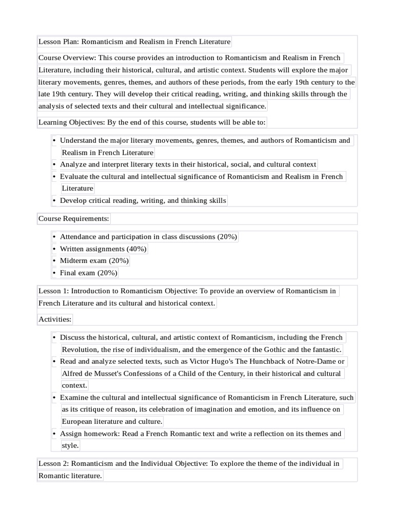 French Literature 104 Romanticism and Realism Lesson Plan PDF | PDF ...