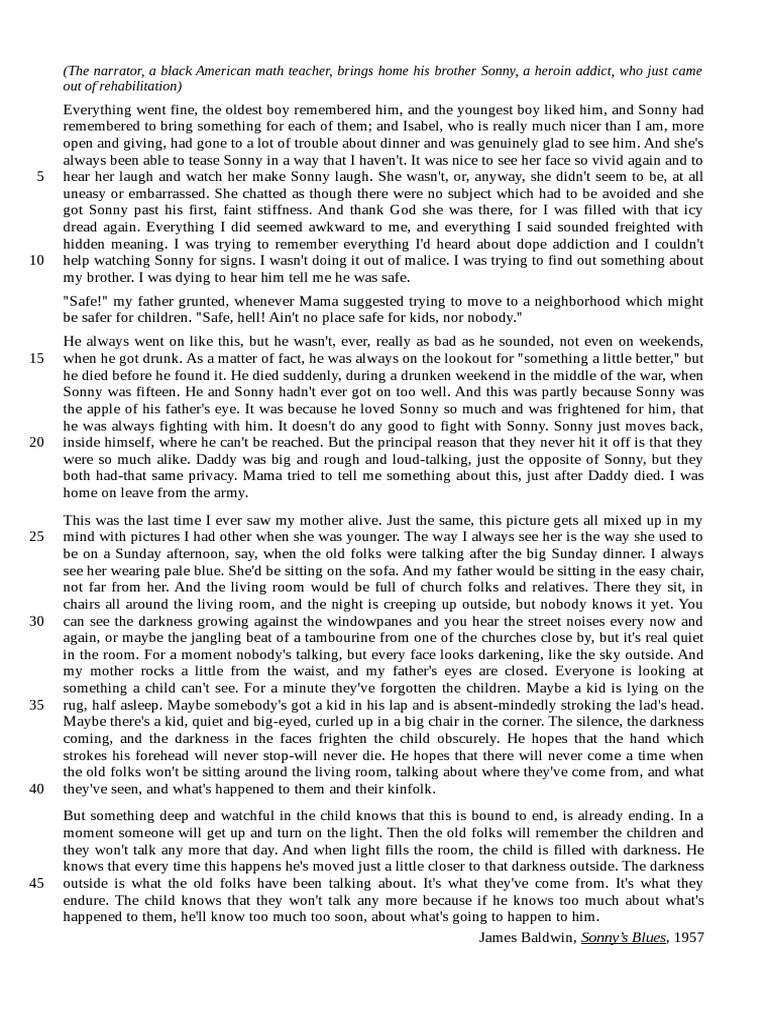 James Baldwin - Sonny's Blues - Extract 1 - The Darkness Outside | PDF