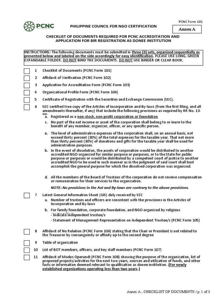 PCNC Accreditation Document Checklist | PDF | Board Of Directors ...