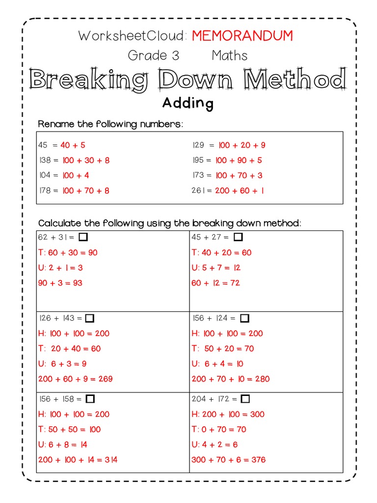 WSC Gr3 Maths Breaking Down Method Adding Memo1 | PDF | Teaching ...