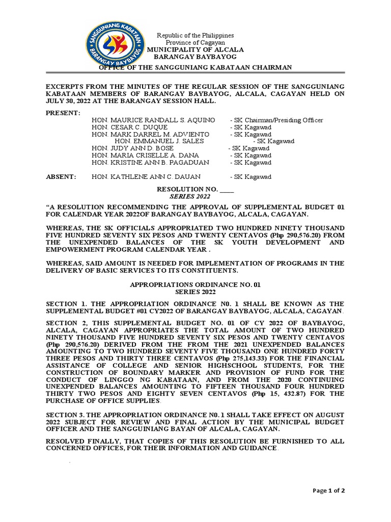 Supplemental Budget Resolution for SK | PDF | Philippines | Government
