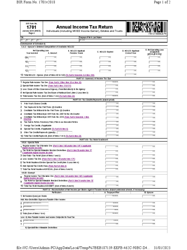 1701 Annual Income Tax Return: Individuals (Including MIXED Income ...