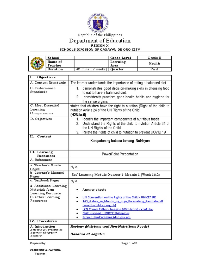 Lesson Exemplar Template-GRADE 2 HEALTH - WEEK1 | PDF | Learning