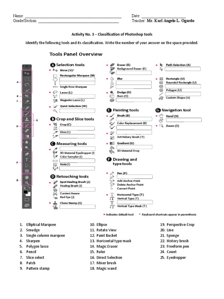Photoshop Tools Classification Activity | PDF | Tools | Writing Implements