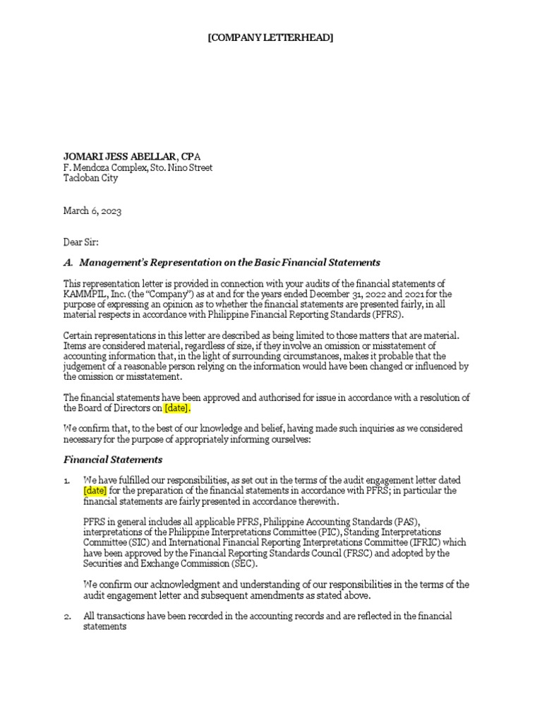 MANAGEMENT REPRESENTATION LETTER | PDF | Fair Value | Financial Statement