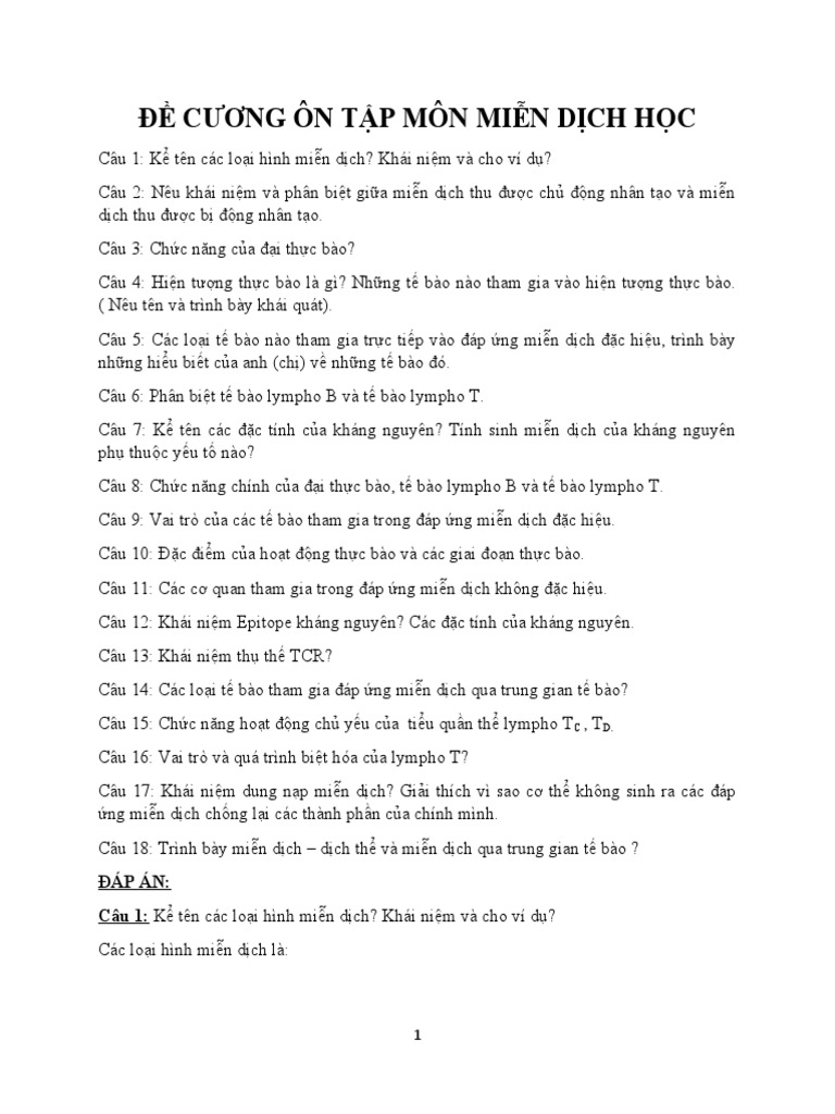 Đề Cương Ôn Tập Môn Miễn Dịch Học | PDF