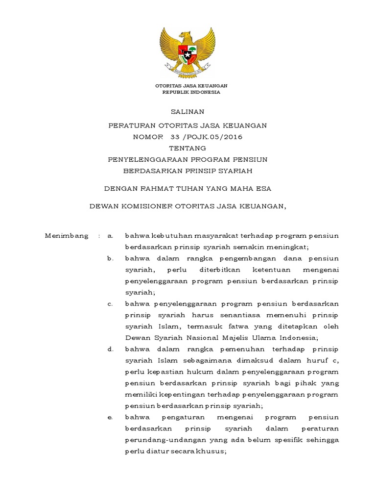 POJK 33-2016 (Program Pensiun Syariah) | PDF