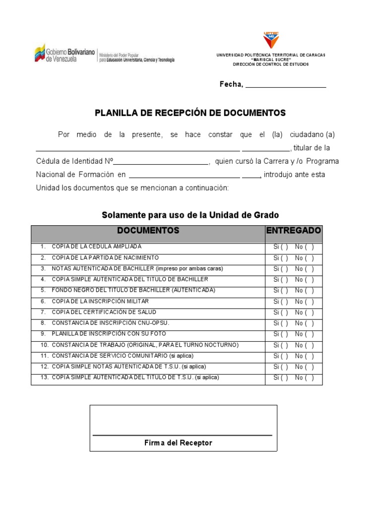 Planilla de Recepciòn de Documentos | PDF